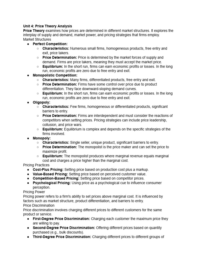 Unit - 4 - Price Theory Analysis - Price Determinatio.. | PDF | Profit (Economics) | Market Power