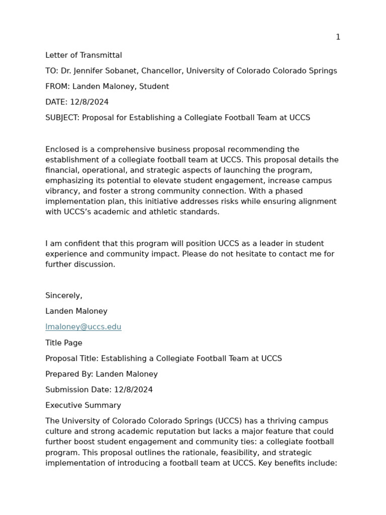 Uccs Football Proposal Final | PDF | National Collegiate Athletic Association | Title Ix