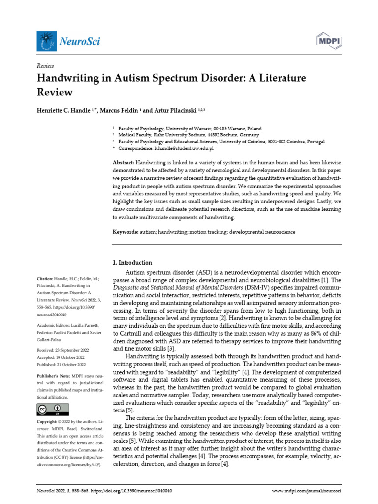 Handwriting in Autism Spectrum Disorder A Literatu | PDF | Autism ...