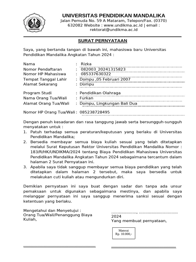 Surat Pernyataan PMB 2024 | PDF