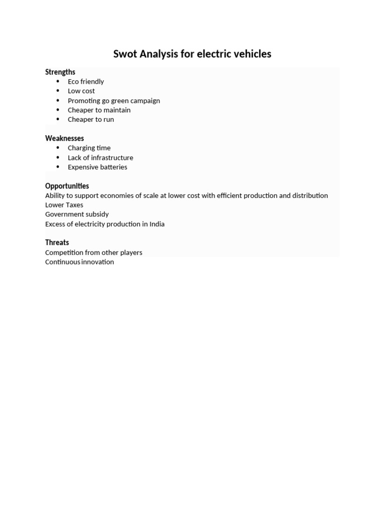 Swot Analysis For Electirc Vehicle | PDF