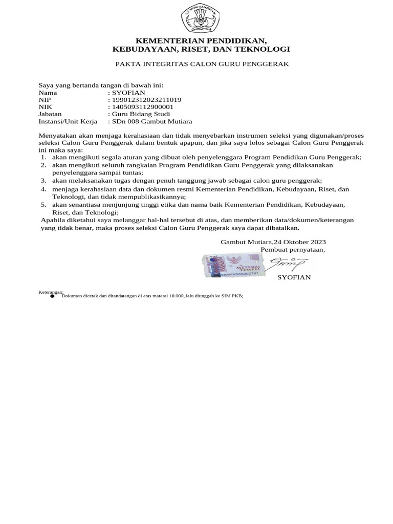 Pakta Integritas CGP 11 REGULER | PDF