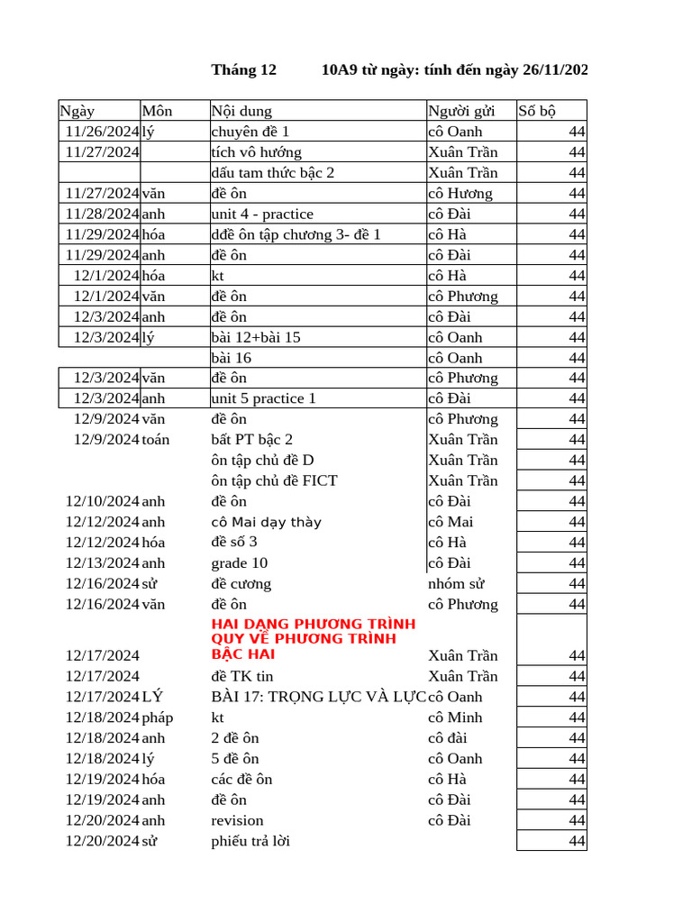 Tháng 12 10A9 từ ngày: tính đến ngày 26/11/2024-23/12/2024 | PDF