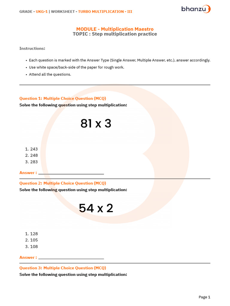UKG-1 Turbo Multiplication Worksheet | PDF | Multiple Choice | Social ...
