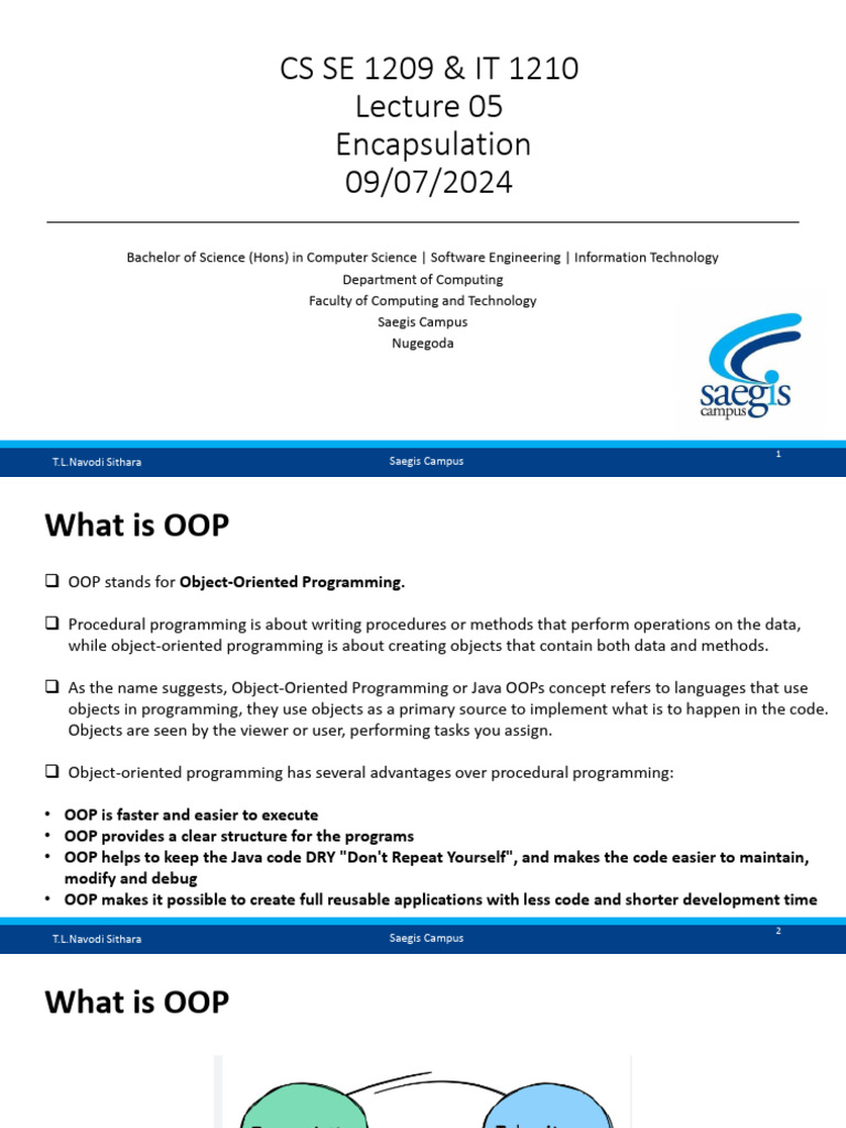 Lec 05- Encapsulations | PDF | Class (Computer Programming) | Method (Computer Programming)