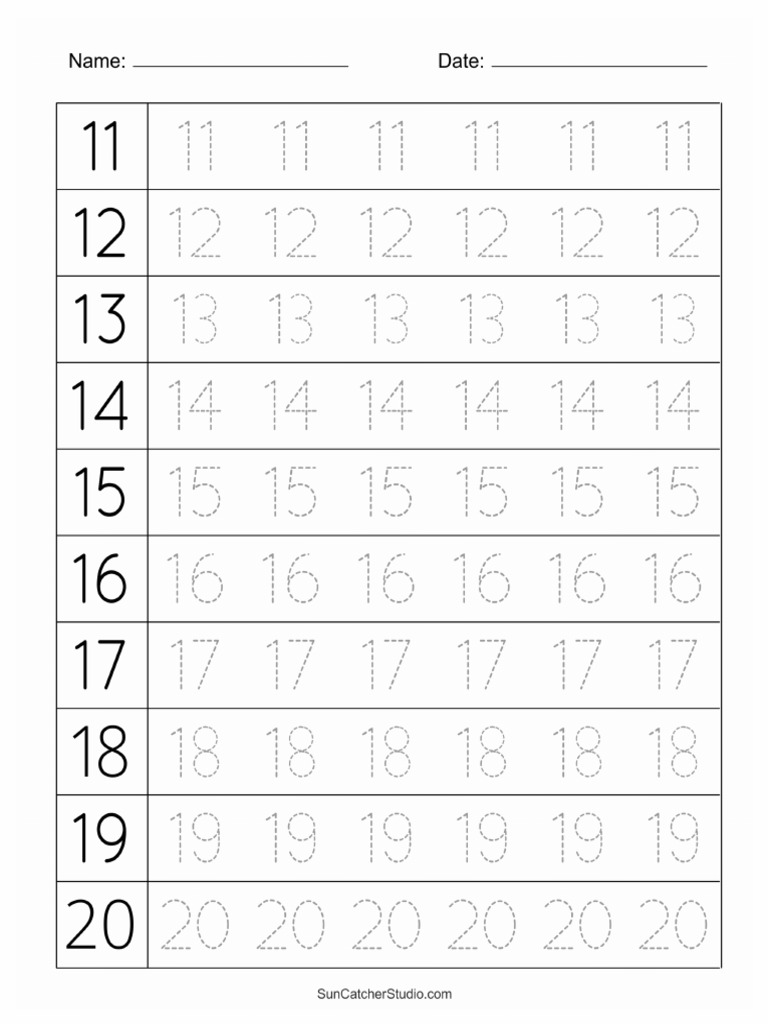 Tracing Numbers 11 20 Practice Worksheet 999999 Fefefe | PDF