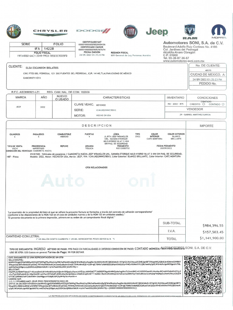 Copia Factura y Carta Factura Jeep Wrangler Unlimited Sahara 2022 Elsa ...