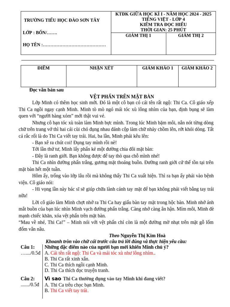 4.8 ĐỀ KT GHK1 TIẾNG VIỆT | PDF