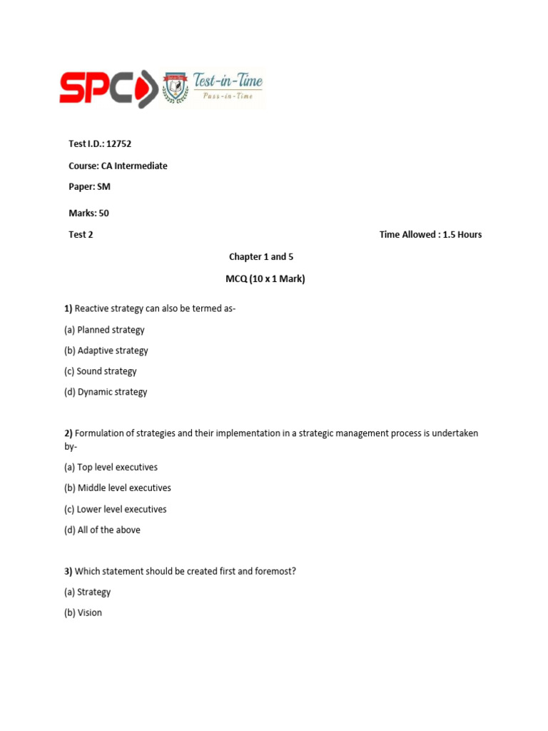 SM Test 2_MA | PDF | Strategic Management | Goal