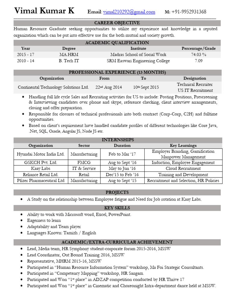Vimal Kumar CV | PDF | Human Resources | Recruitment