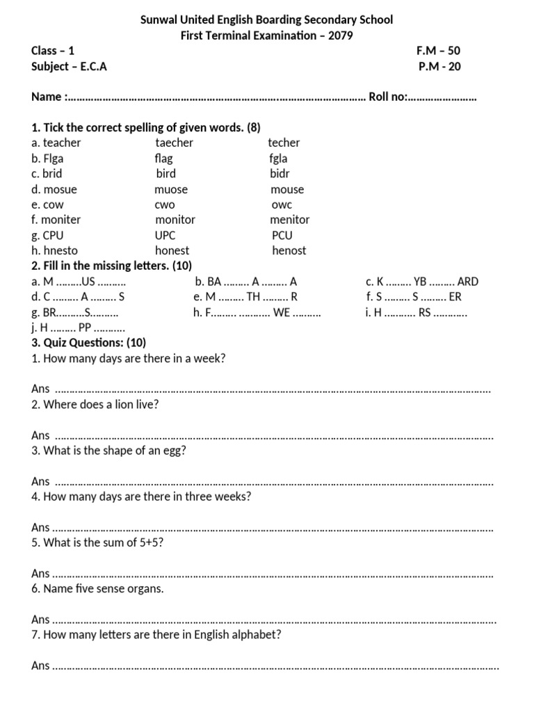 Class 1 & 2 E.C.A Exam Papers 2079 | PDF