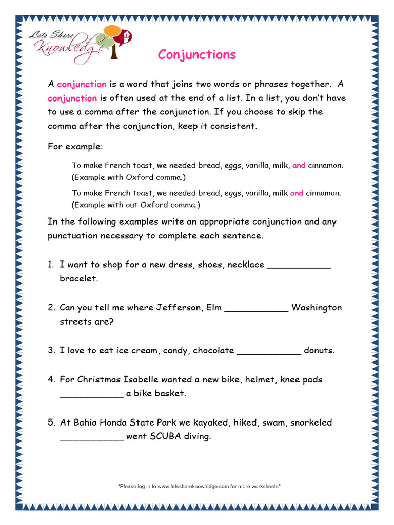 Conjunctions Worksheet for Grade 3 | PDF