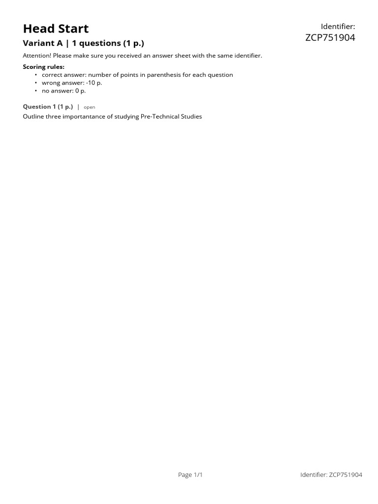 Head Start Pre-Technical Studies Quiz | PDF