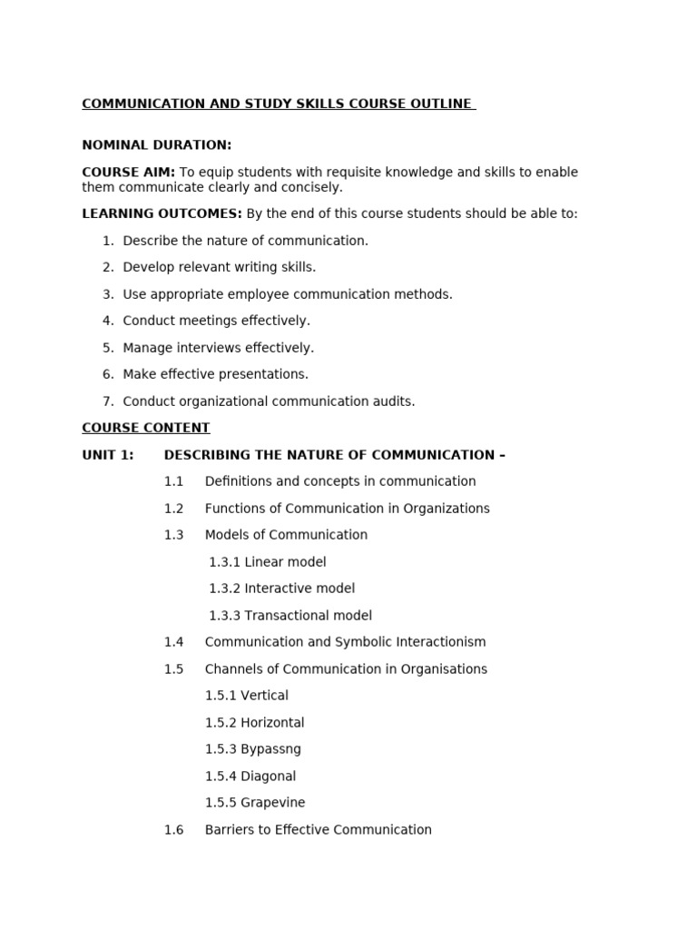 Communication and Study Skills Course Outline | PDF | Communication | Information