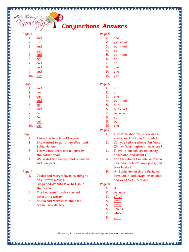 Grade 3 Grammar Worksheets Conjunctions9 Answers | PDF