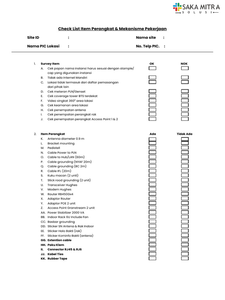 Lampiran 6 - Check List Pekerjaan VSAT BAKTI | PDF