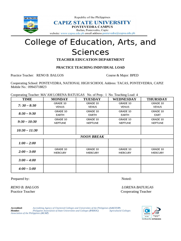 Student Teaching Individual Load | PDF