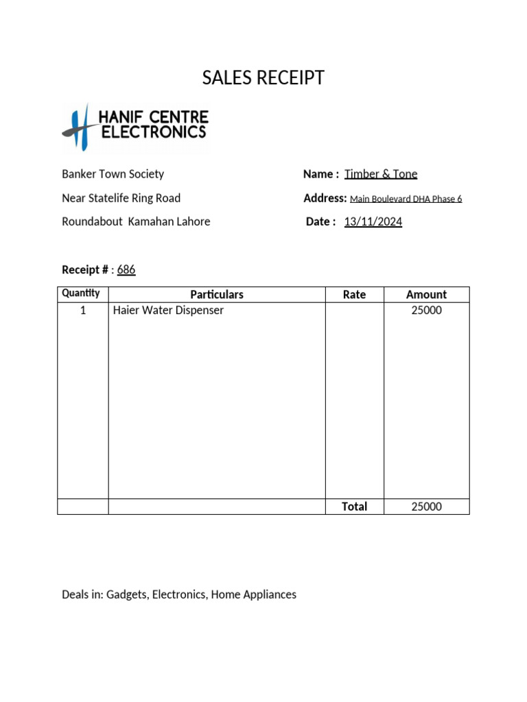 Haier Water Dispenser Sales Receipt | PDF