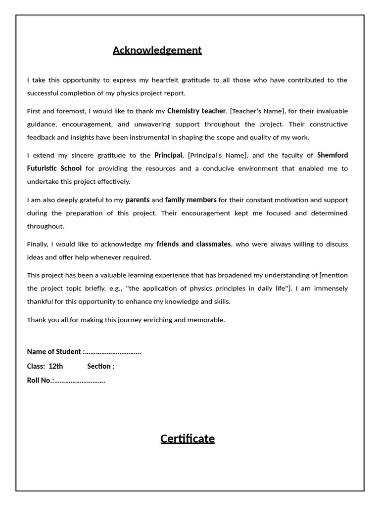 Format of Acknowledgement and Certificate Class 12 | PDF