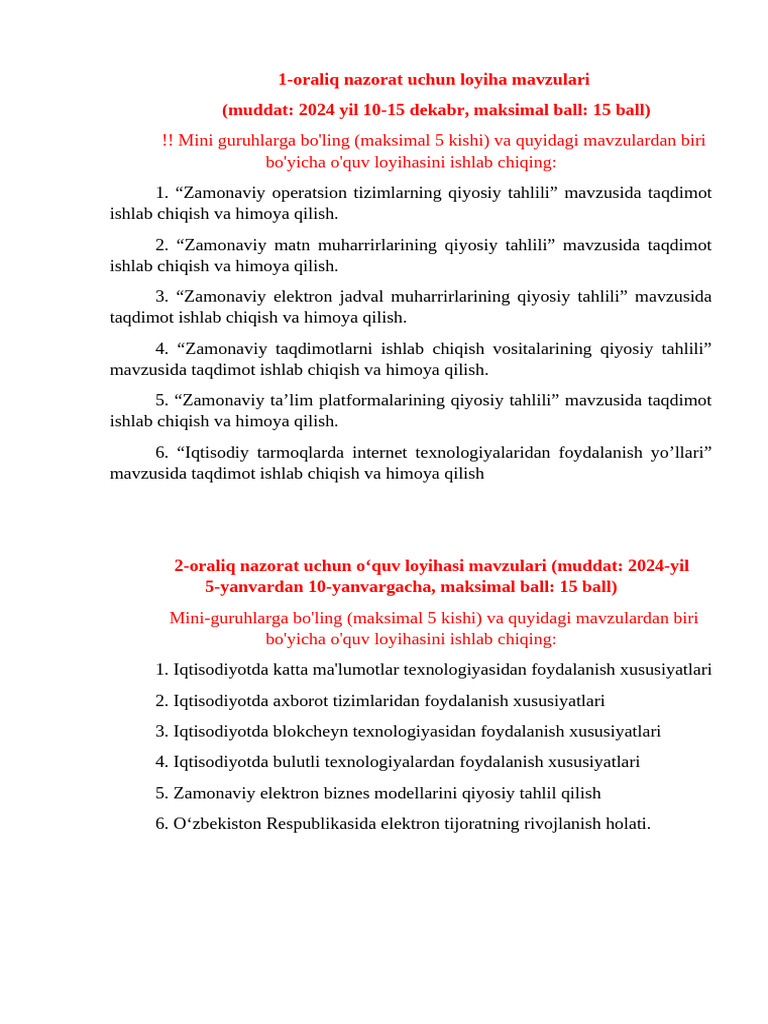 IAKT-oraliq Mavzular 2024 | PDF