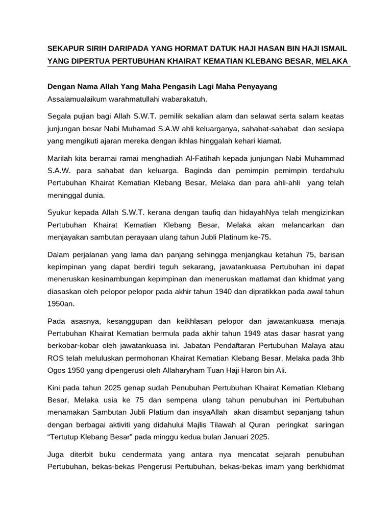 Ucapan Sekapur Sirih Dipertua | PDF