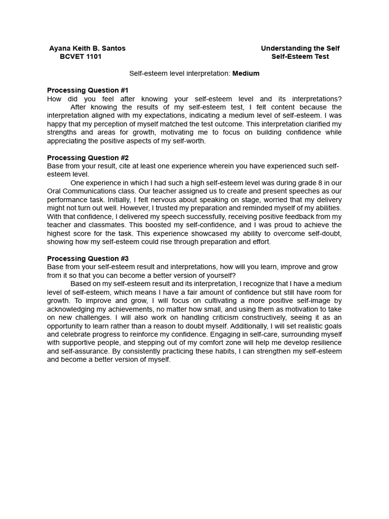 Ayana Keith Santos Self Esteem Test | PDF | Self Esteem | Psychology