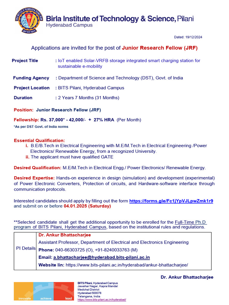 Advertisement JRF DST-SYST Ankur New | PDF