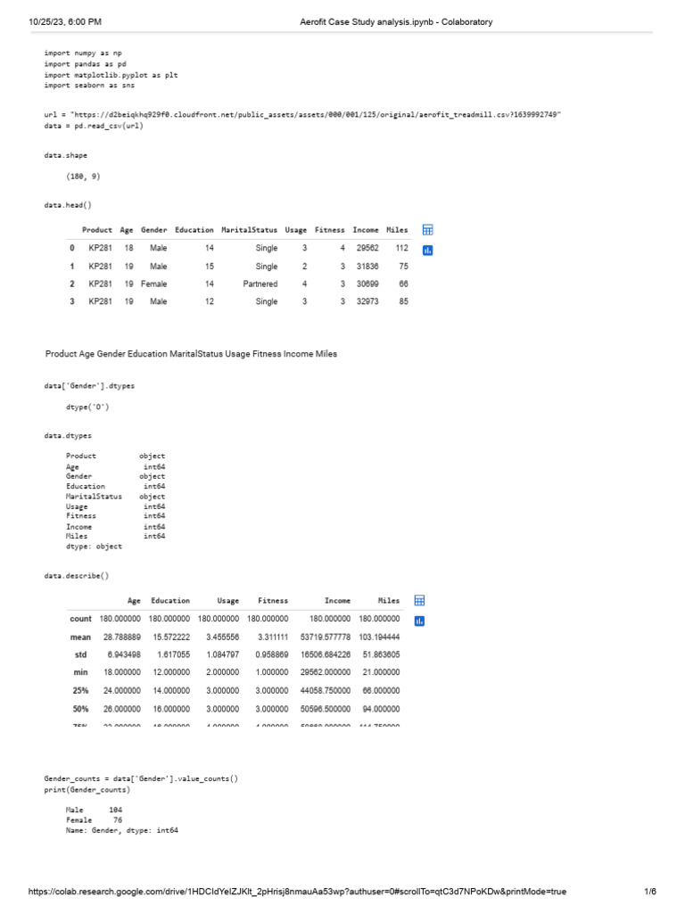 Aerofit Case Study analysis.ipynb - Colaboratory | PDF | Computer Programming | Statistical Analysis