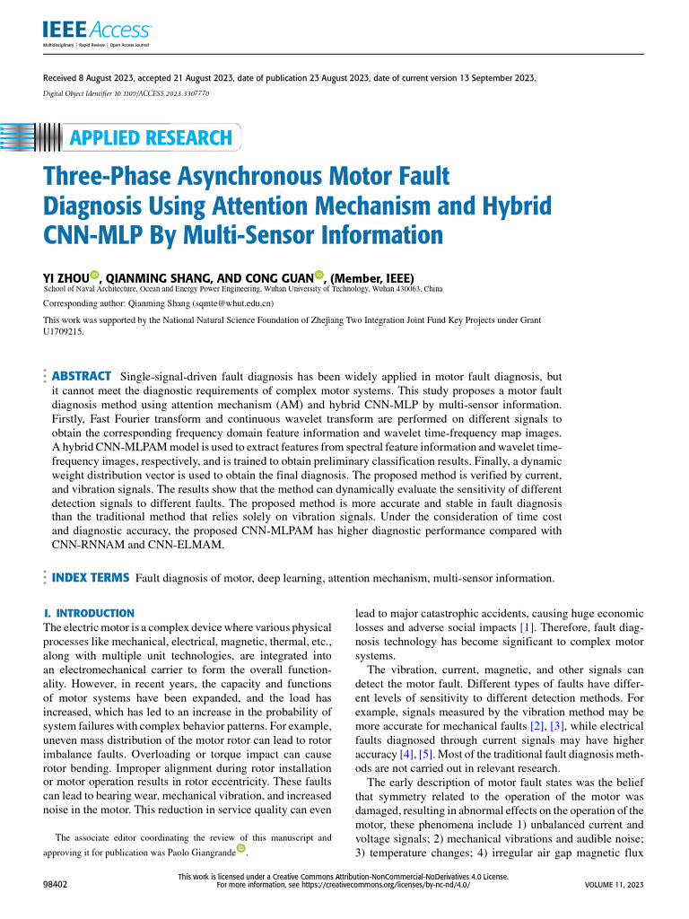 Three-Phase Asynchronous Motor Fault Diagnosis Using Attention Mechanism and Hybrid CNN-MLP by ...