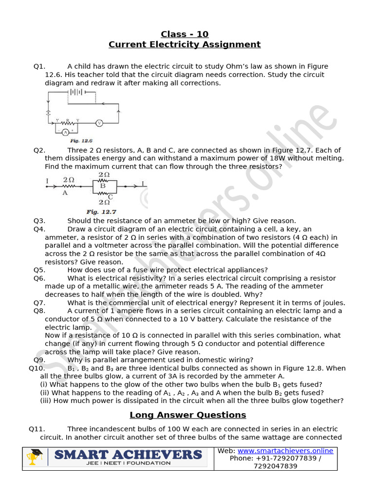 Current Electricity Class 10 Assignement | PDF | Electrical Resistance ...