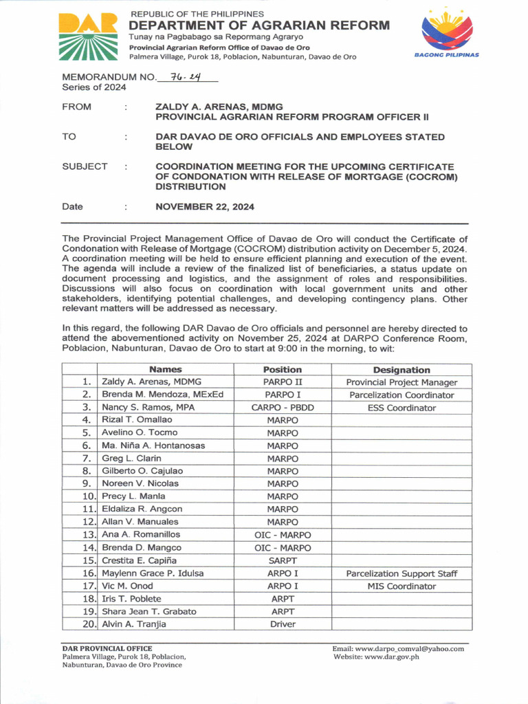 PMEMO ORDER NO. 76-24 COORDINATION MEETING FOR THE UPCOMING CERTIFICATE ...