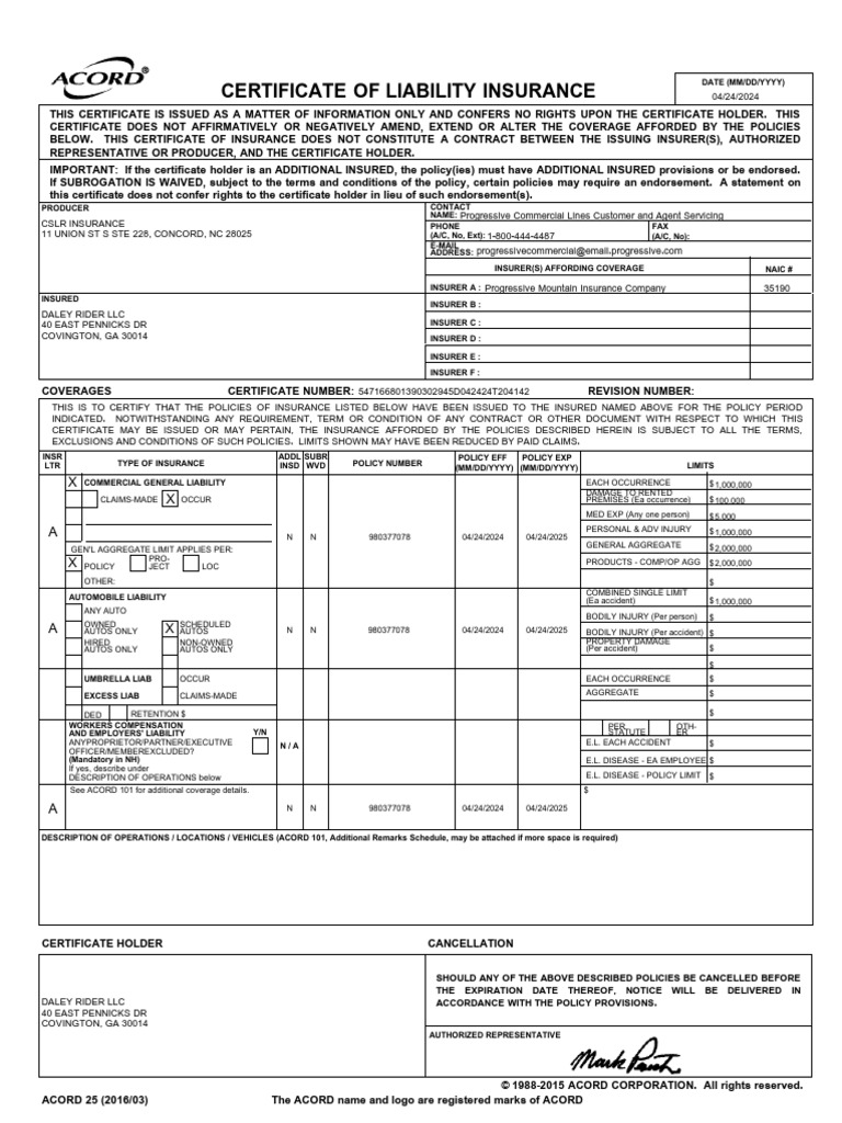 COI Daily Rider LLC | PDF | Insurance | Risk