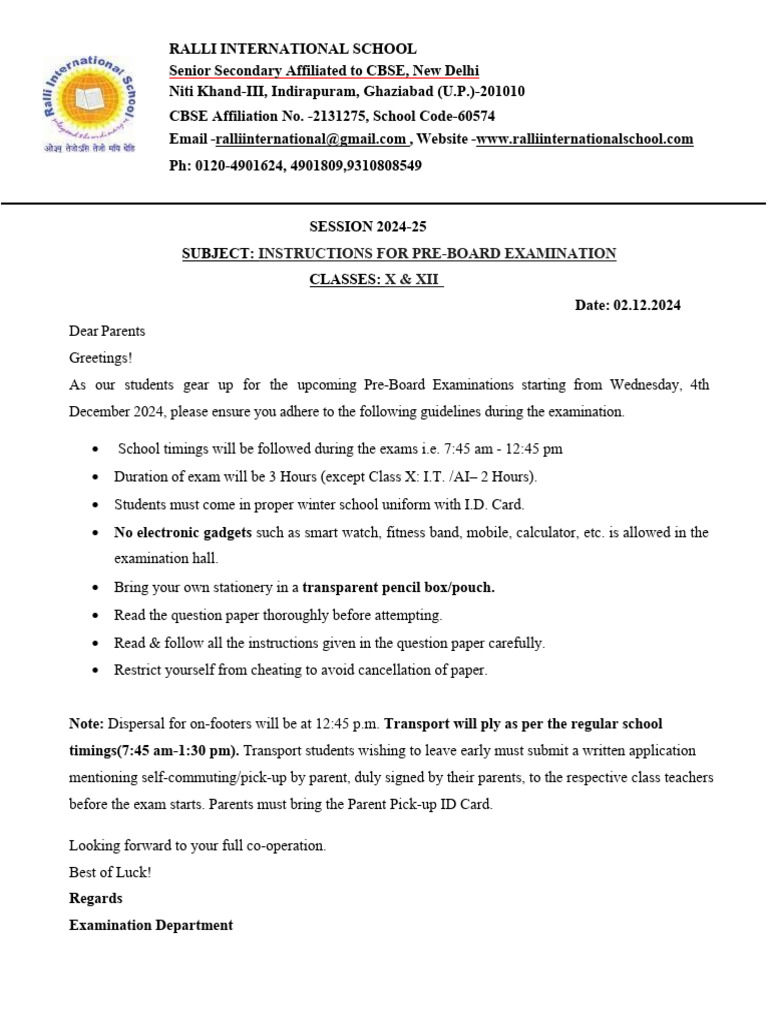 Instructions For Pre-Board Examination X & Xii | PDF