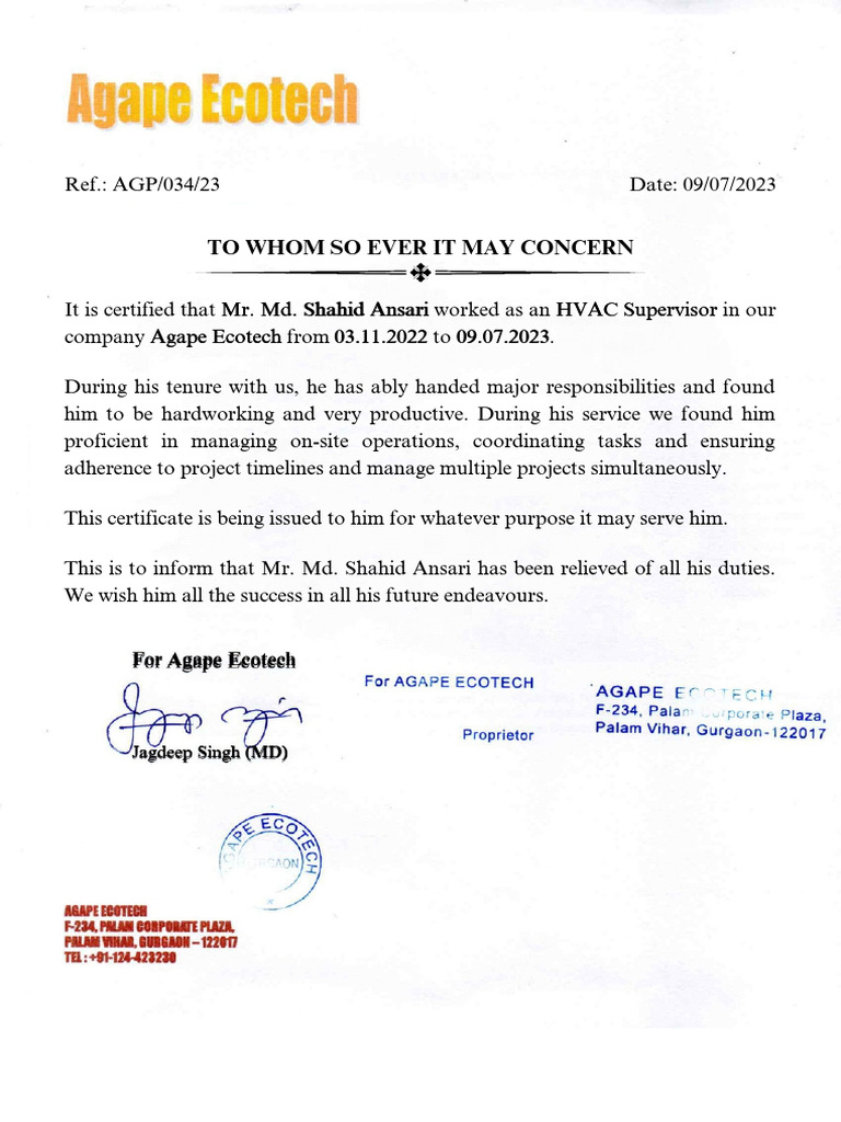 Agape Experience Letter | PDF