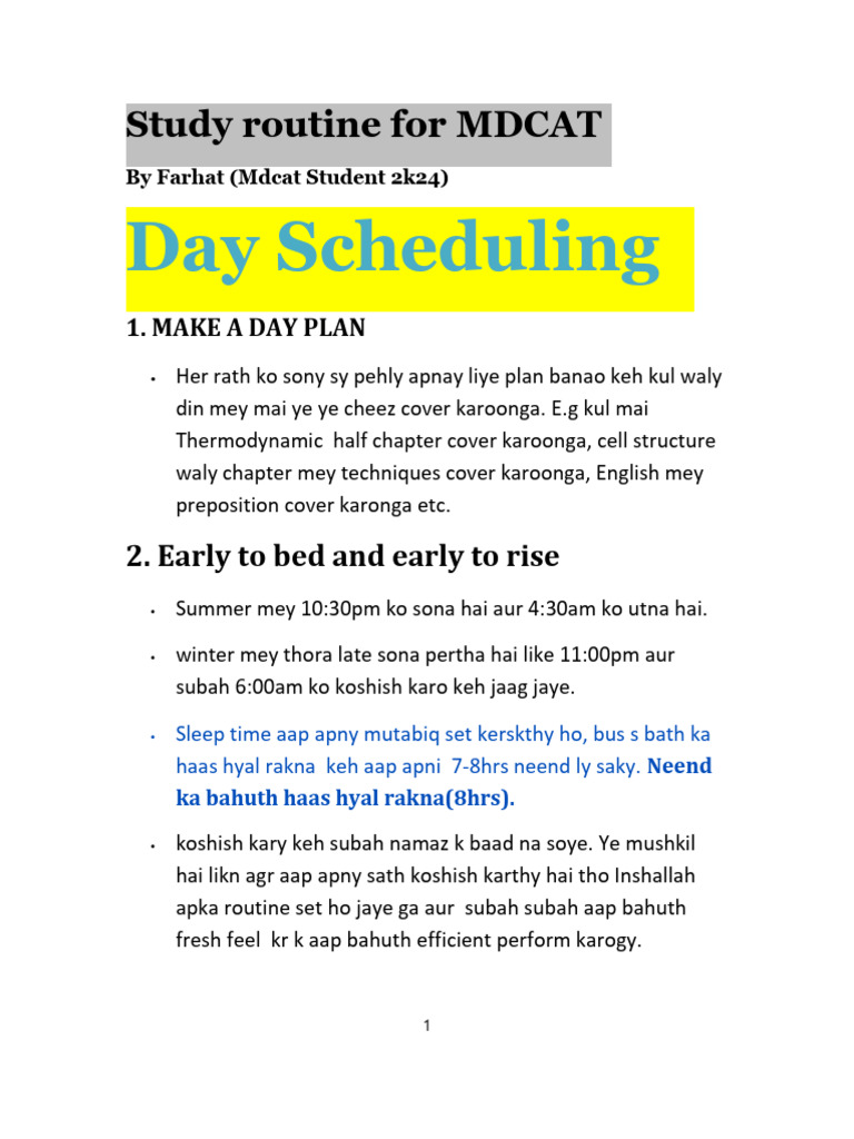 My Schedule During Mdcat Journey @Farhat | PDF