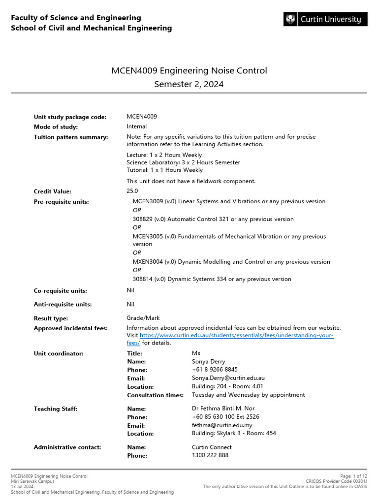 MCEN4009 Engineering Noise Control Semester 2 2024 Miri Sarawak Campus INT | PDF | Academic ...