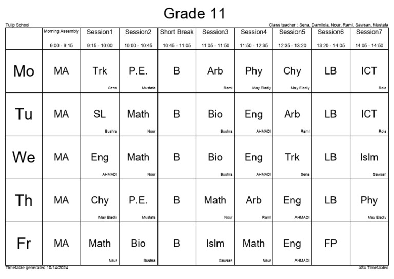 Tulip School Grade 11 Timetable | PDF