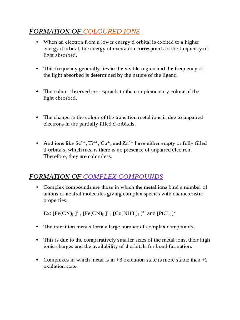 Formation of Coloured Ions - Class 12 | PDF