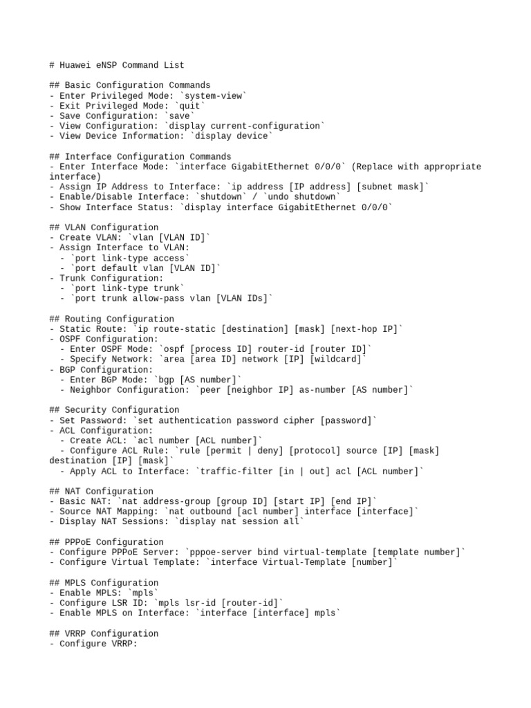 Huawei eNSP Commands List | PDF | Ip Address | Networking