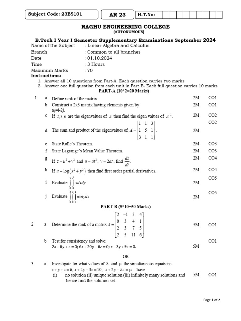 LA&C old QP | PDF | Eigenvalues And Eigenvectors | Matrix (Mathematics)