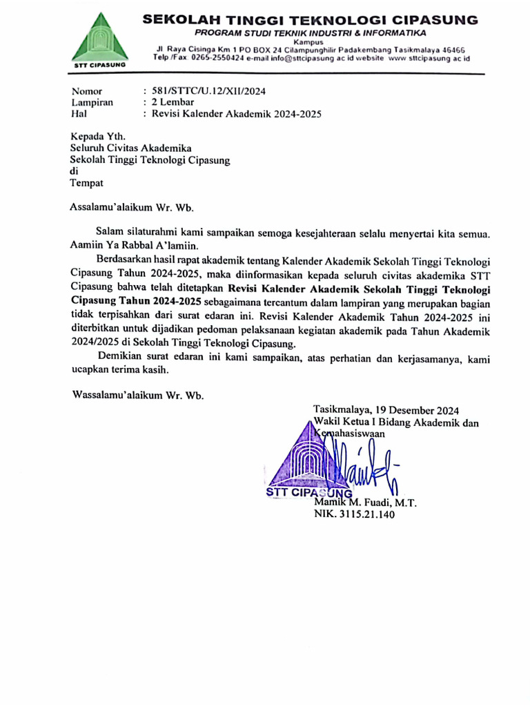 Surat Edaran Revisi Kalender Akademik 2024-2025 | PDF