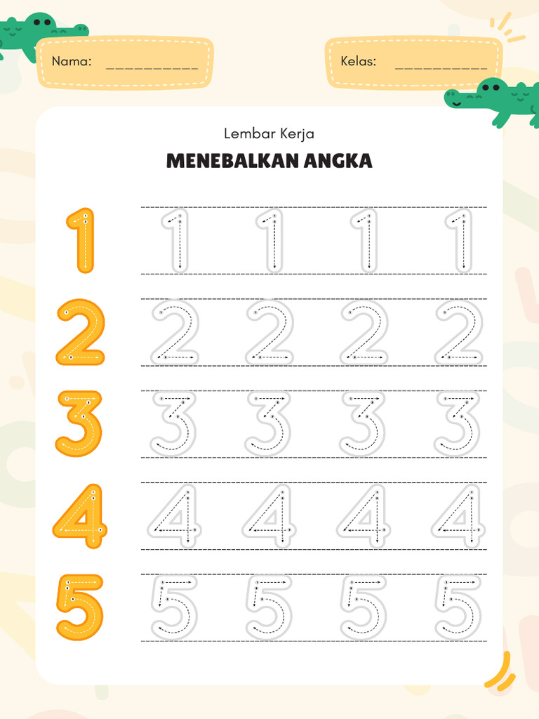 Tugas Menebalkan Angka Tema Hewan Lembar Kerja Kuning Dan Hijau Ceria | PDF