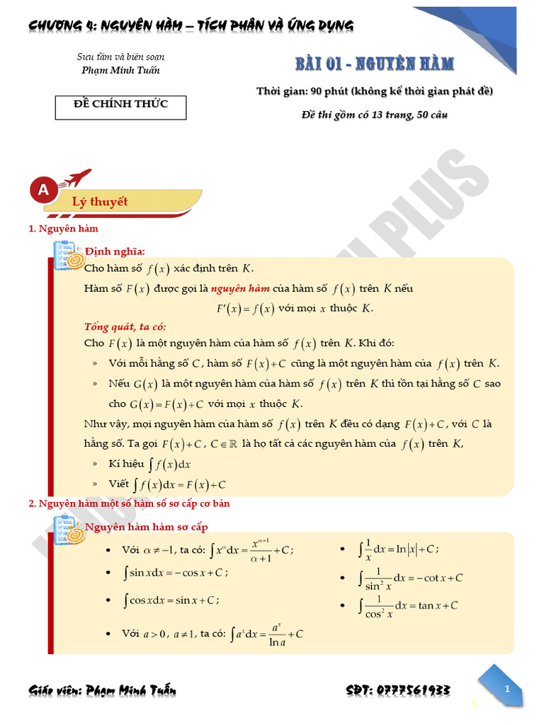(HS) Bài 01. Nguyên Hàm G P 1&2 | PDF