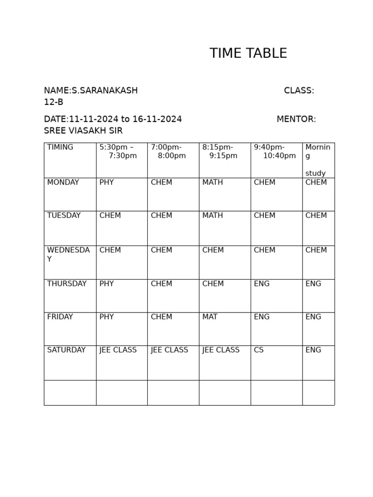 TIME TABLE (Saranakash) | PDF