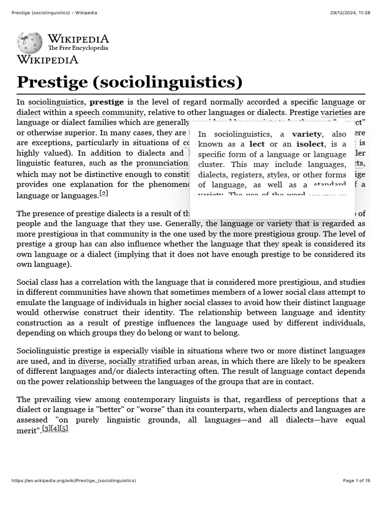 Prestige (Sociolinguistics) | PDF | Dialect | Dialectology