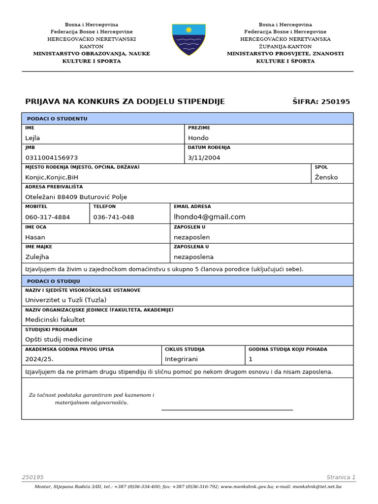 Prijava Na Konkurs Za Dodjelu Stipendije | PDF