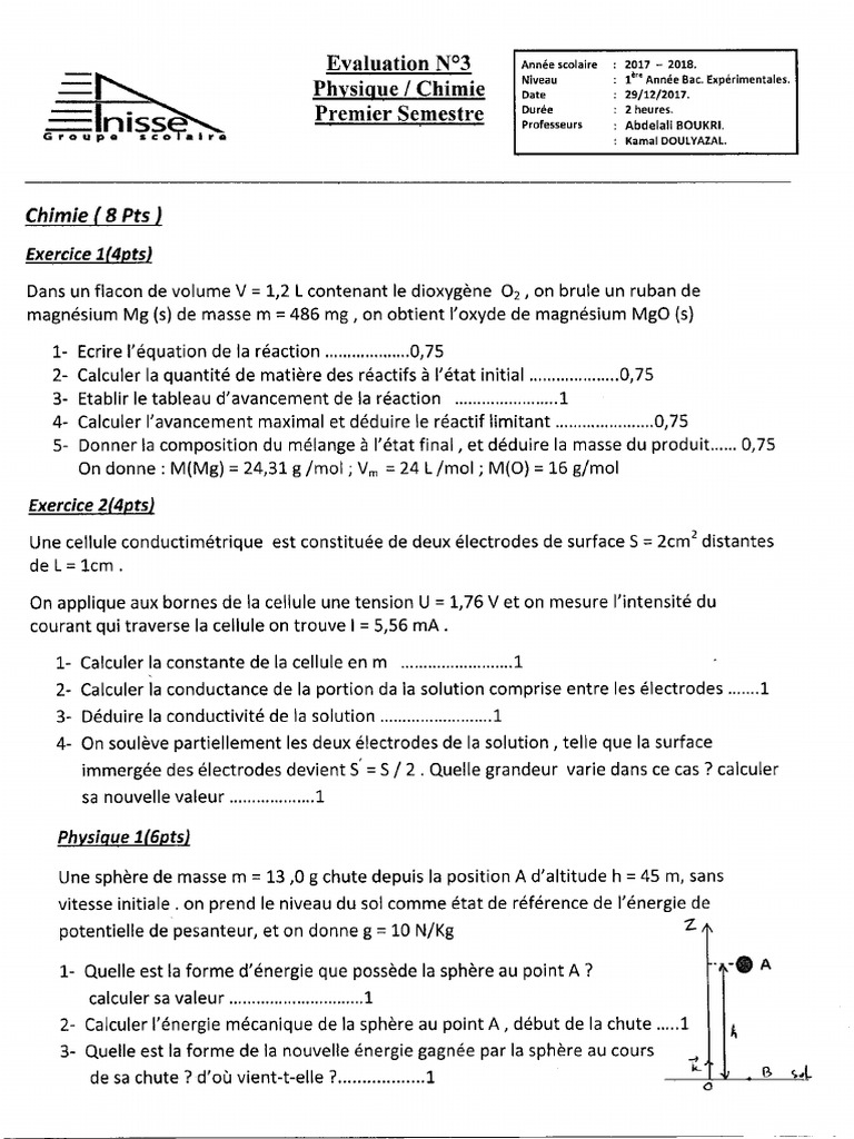 Devoir 3 Physique Et Chimie 1er BAC Sciences Experimentales 1er ...