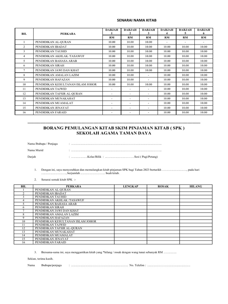 Borang Kitab SPK (Darjah Khas) | PDF