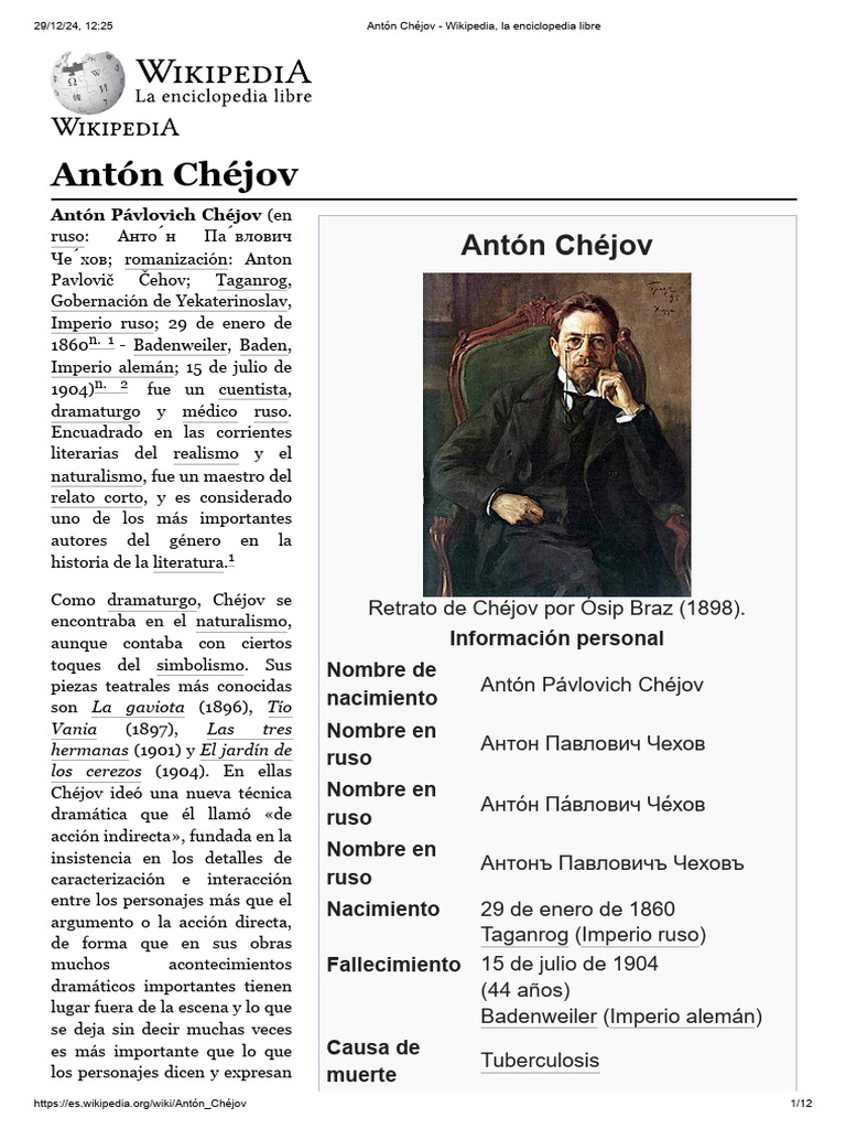Antón Chéjov - Wikipedia, la enciclopedia libre | PDF | Anton Chekhov