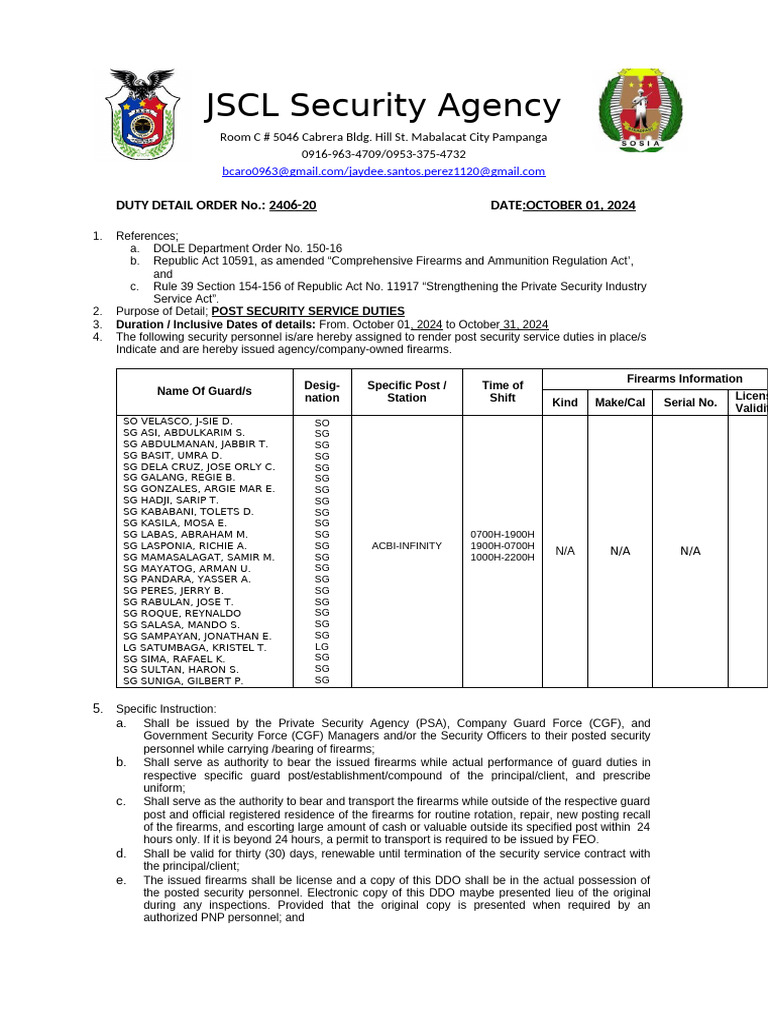 Duty Detail Order October 2024 | PDF | Justice | Crime & Violence